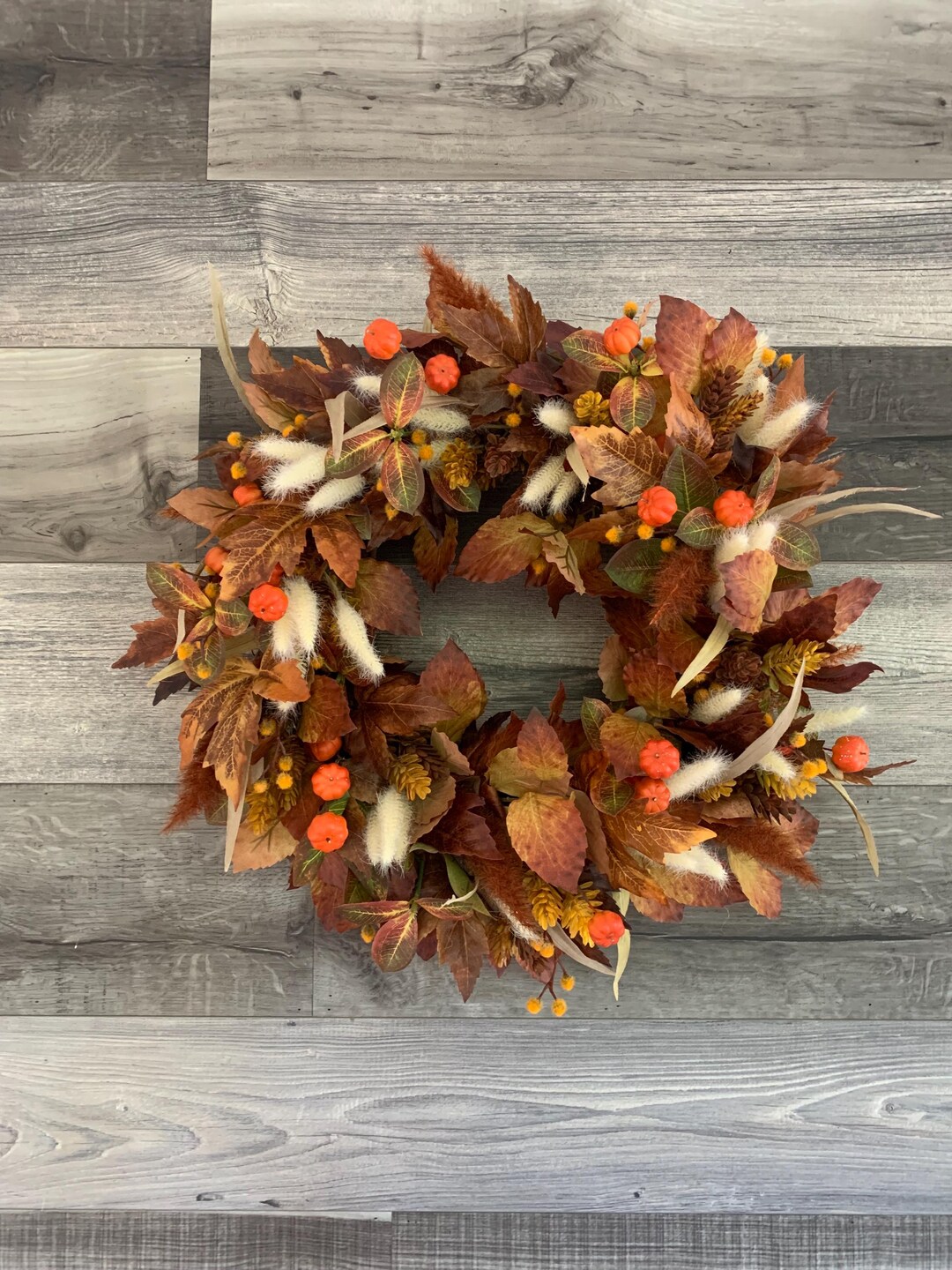 Fall Rust Brown Pumpkins Pampas Grass Wreath, Fall Leaves Grapevine ...