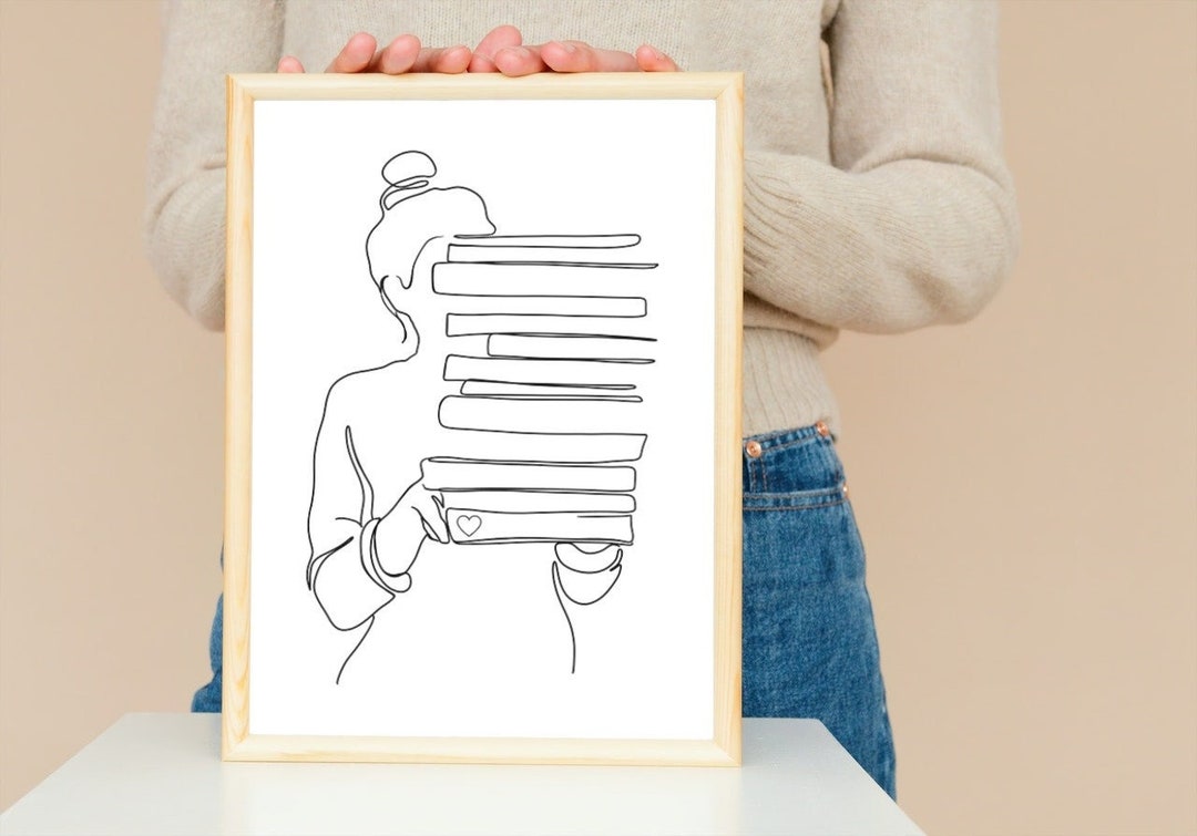 Line Art Girl and Books Line Art Minimal Art Boho Art - Etsy