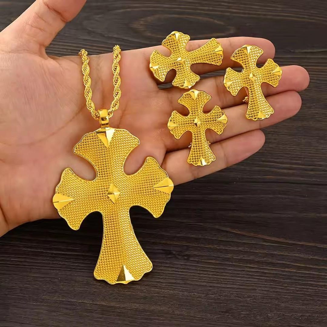 Ethiopian Gold Color Jewelry Set: Big Pendant Necklace, Earrings, Ring ...