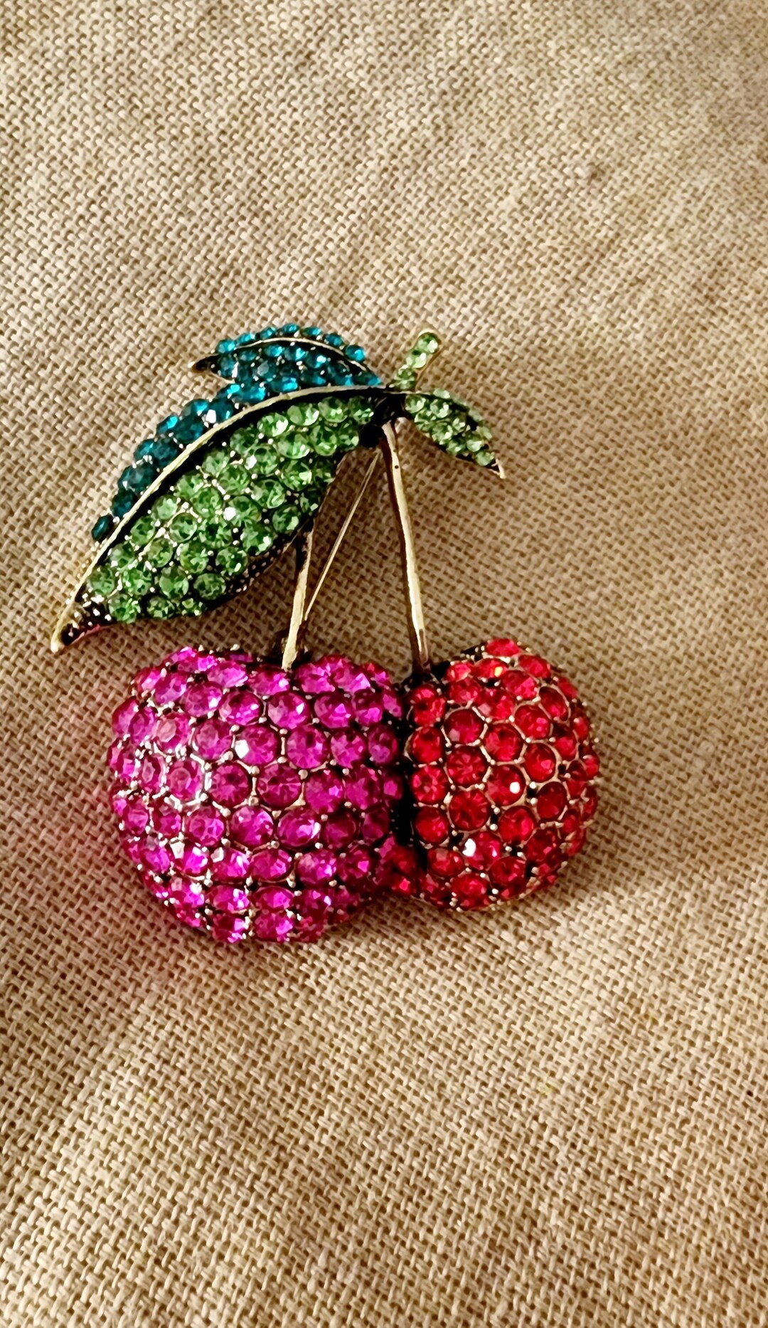 Large Retro Luxury Red and Pink Cherry Brooch, Large Cherry Pin, Cherry ...