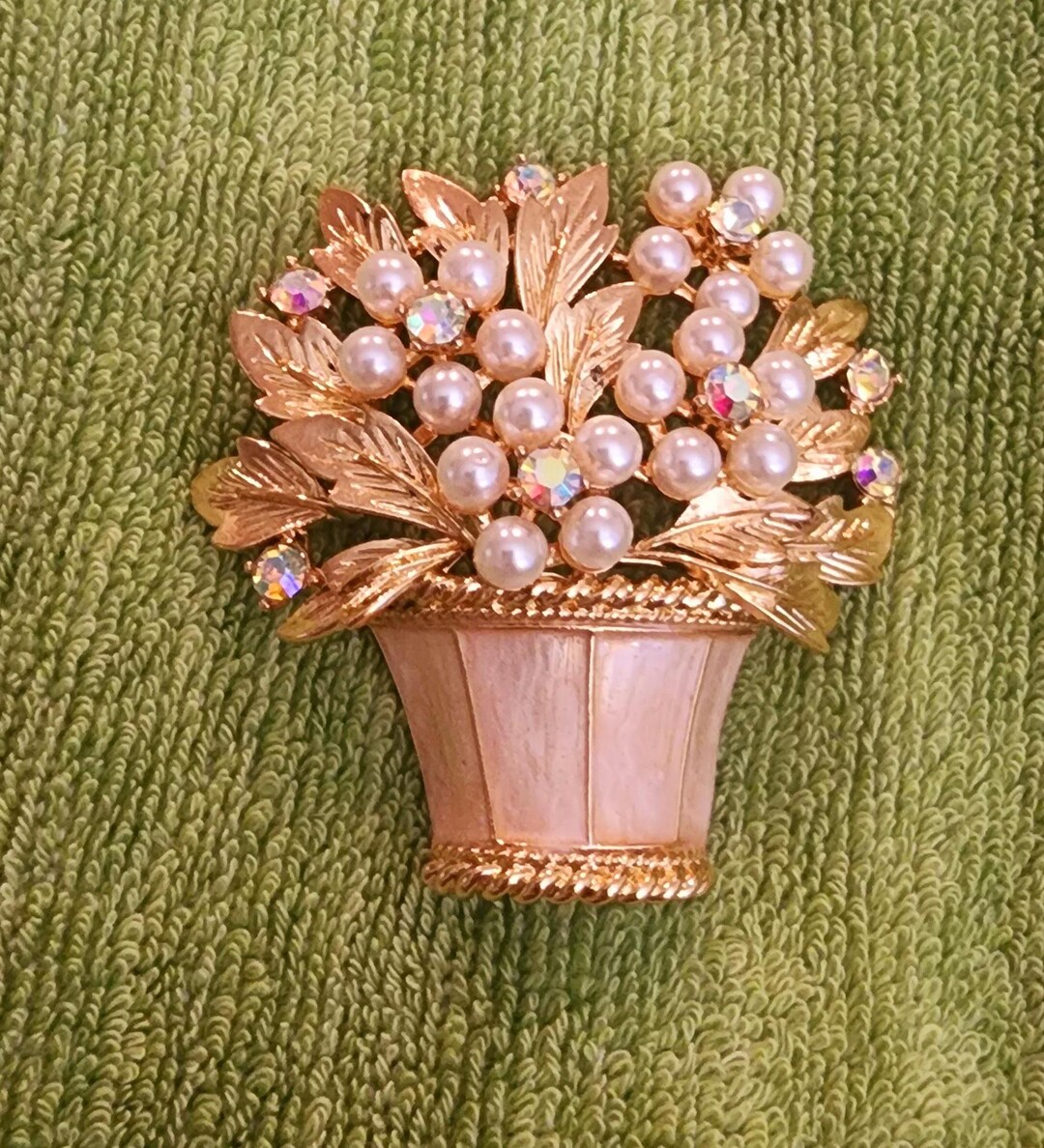 Large Vintage Trifari Enamel Pink Basket With Pearls Brooch, Pink Pearl ...