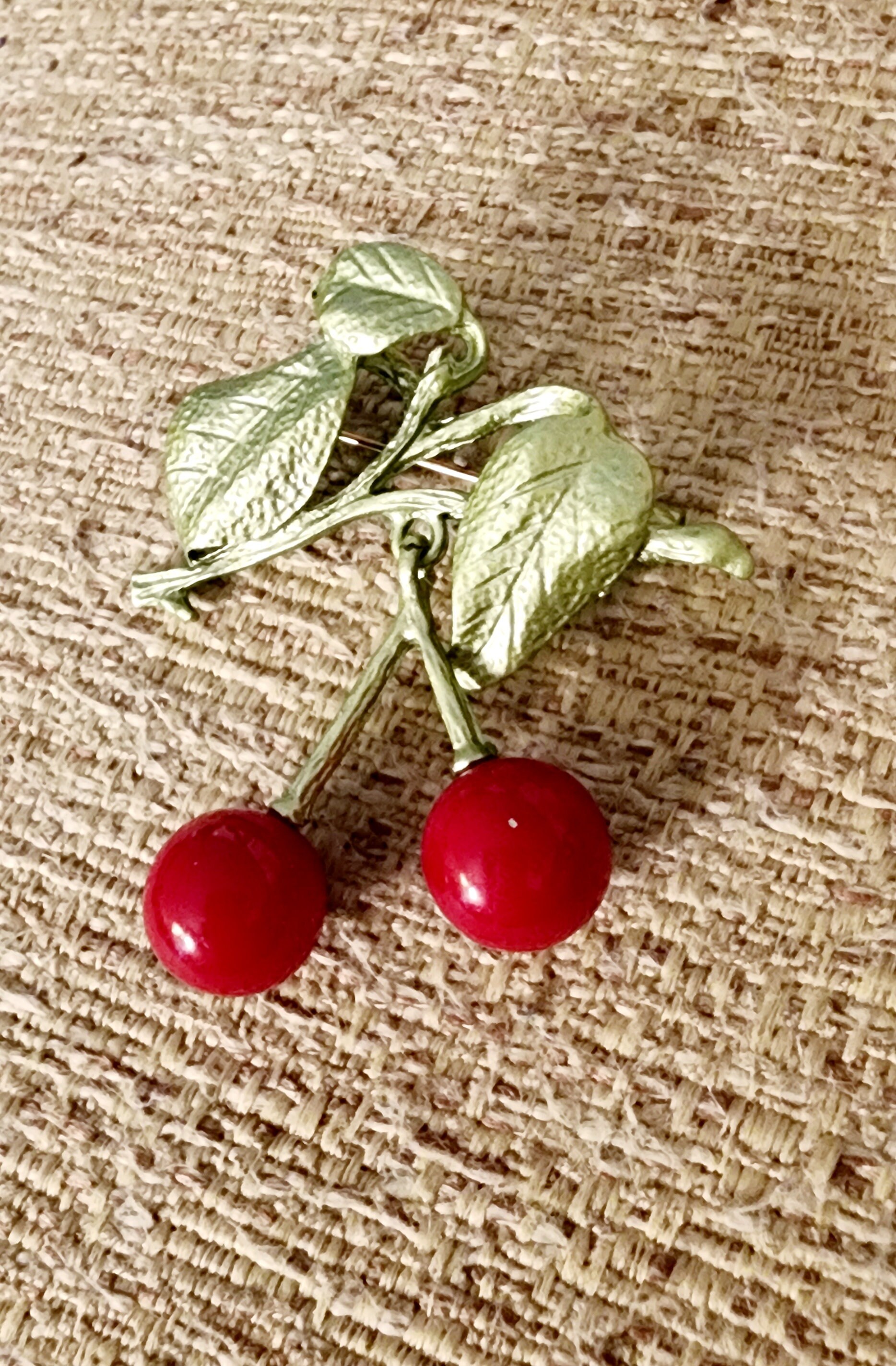 Large Dangling Cherry Brooch, Cherry Pin, Cherry and Leaf Jewelry ...