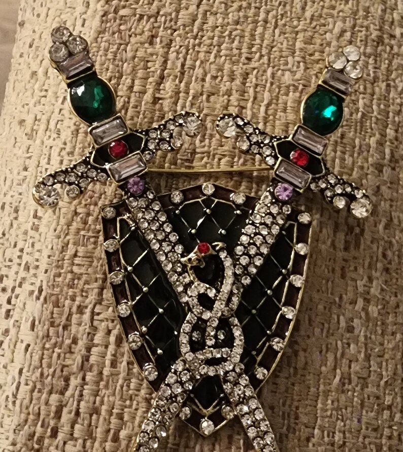Vintage Style Shield and Sword Rhinestone Brooch, Shield Broach, Shield ...