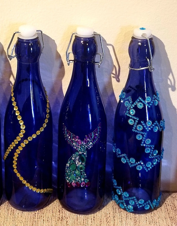 Modern 18 Oz Cobalt Blue Swing Flip Top Glass Bottle Glass Bottles Blue Glass Bottle Blue Bottle With Embelishments Butterfly Jewels Etsy UK