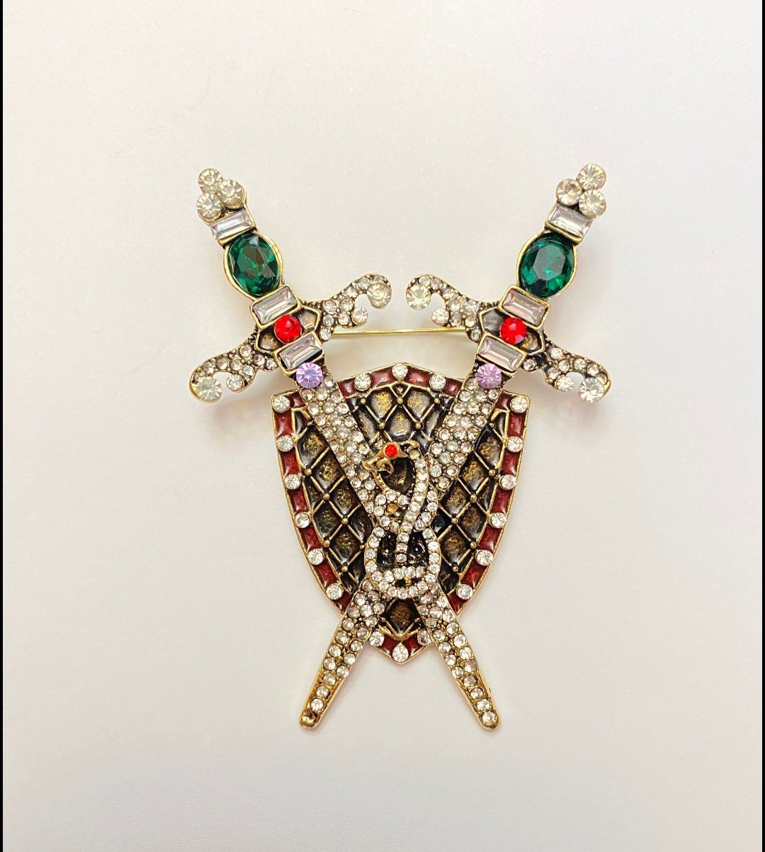 Vintage Style Shield and Sword Rhinestone Brooch, Shield Broach, Shield ...