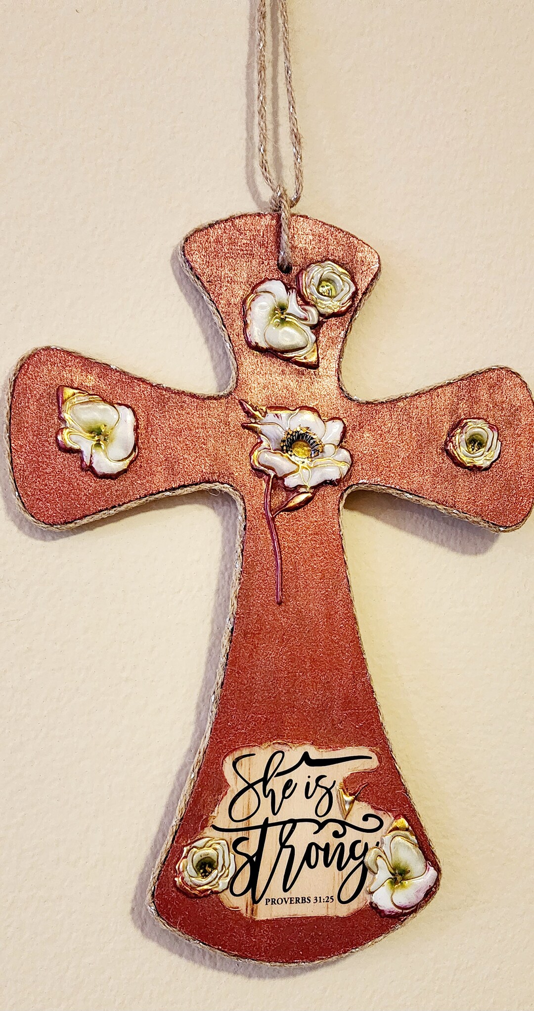 Metalic Burgundy Cross Adorned With Scripture and Flowers, Hanging Wood ...