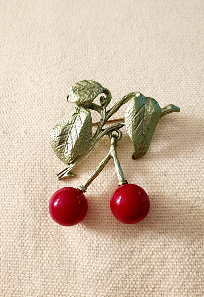 Large Dangling Cherry Brooch, Cherry Pin, Cherry and Leaf Jewelry ...