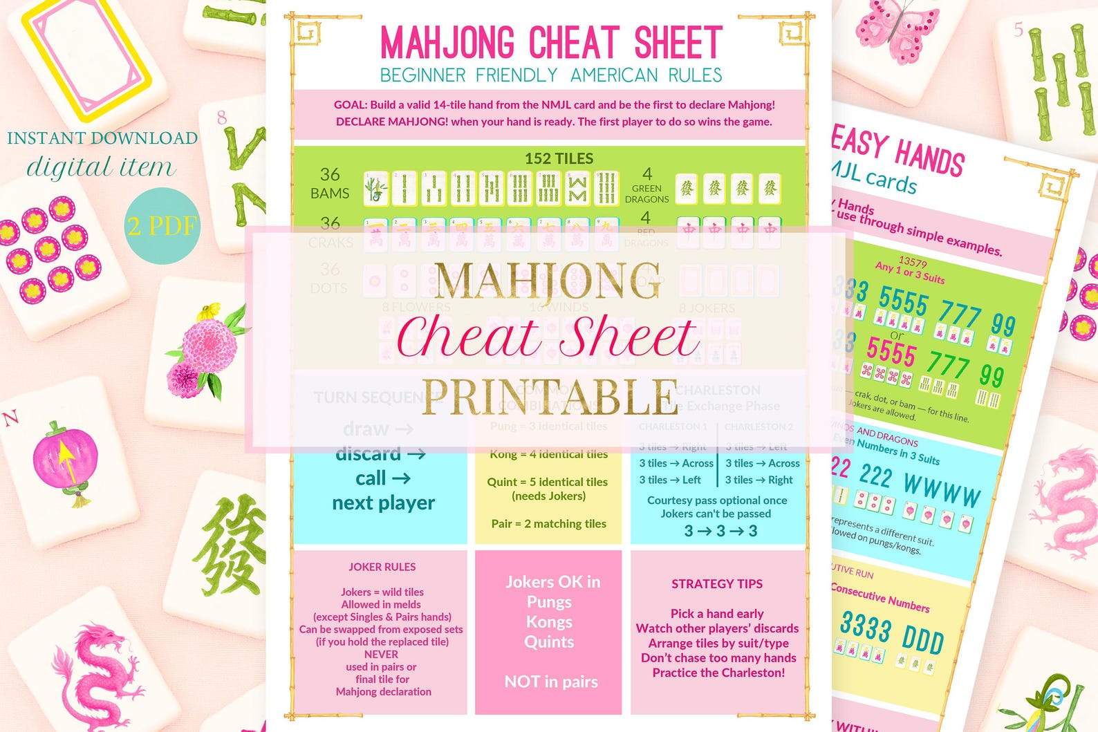 Mahjong Cheat Sheet Printable | American NMJL Style | Easy Hands ...
