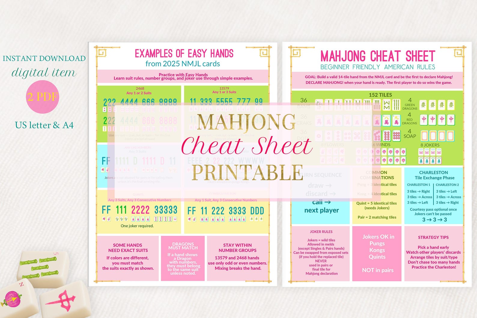 Mahjong Cheat Sheet Printable | American NMJL Style | Easy Hands ...