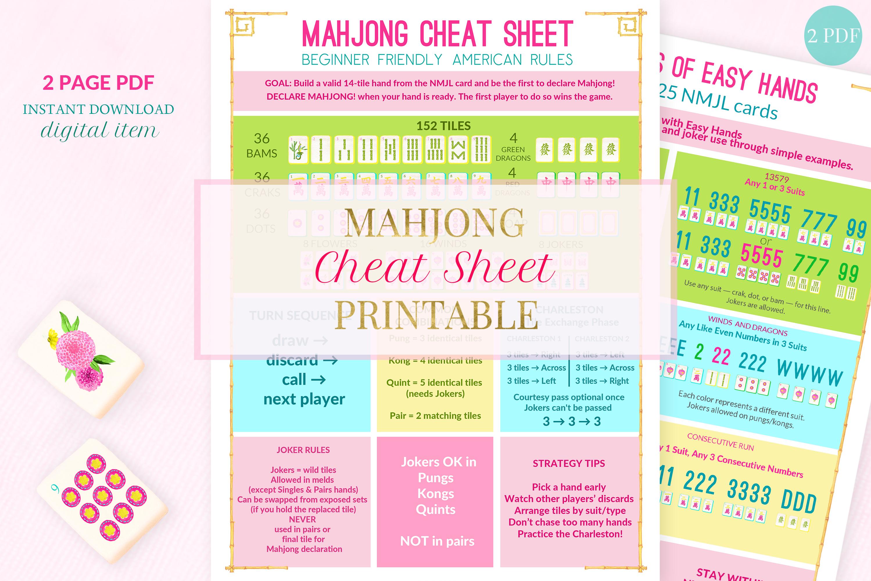 Mahjong Cheat Sheet Printable | American NMJL Style | Easy Hands ...
