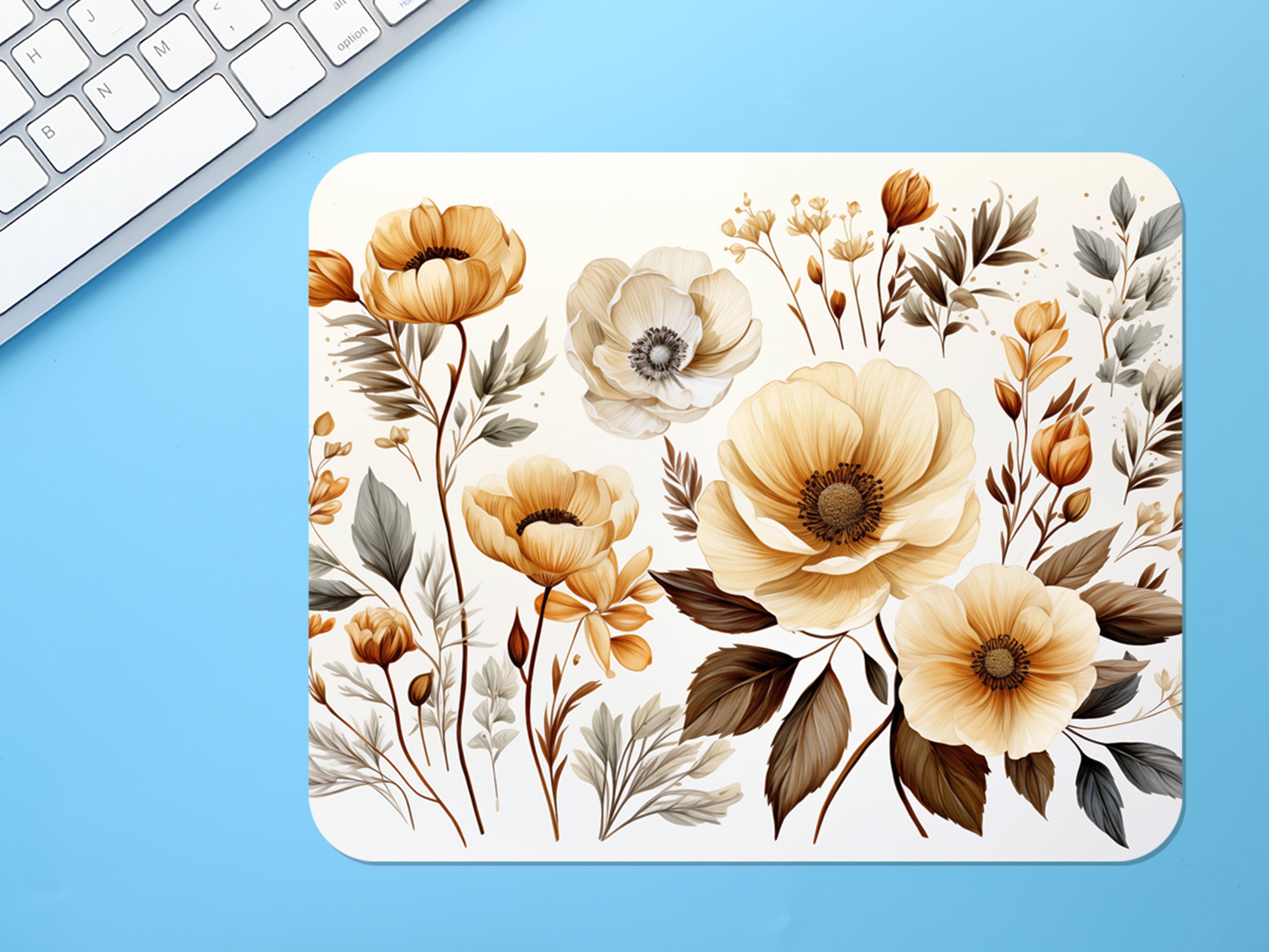 Cream Brown FLOWERS Clipart Polyester Mouse Pad, Premium Printing ...