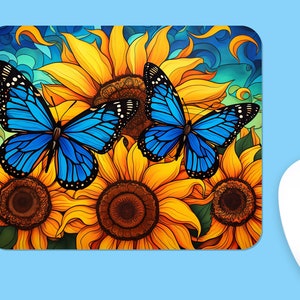 Blue BUTTERFLY & SUNFLOWERS Polyester Mouse Pad, Premium Printing ...