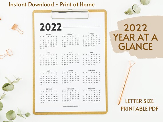 2022 Printable Calendar Year at A Glance Yearly Calendar | Etsy