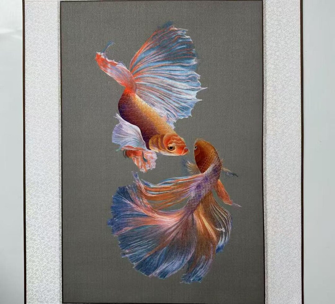 King Silk Art Handmade Embroidery Art Playful Twin Fish《双鱼嬉戏》 AR72428 ...