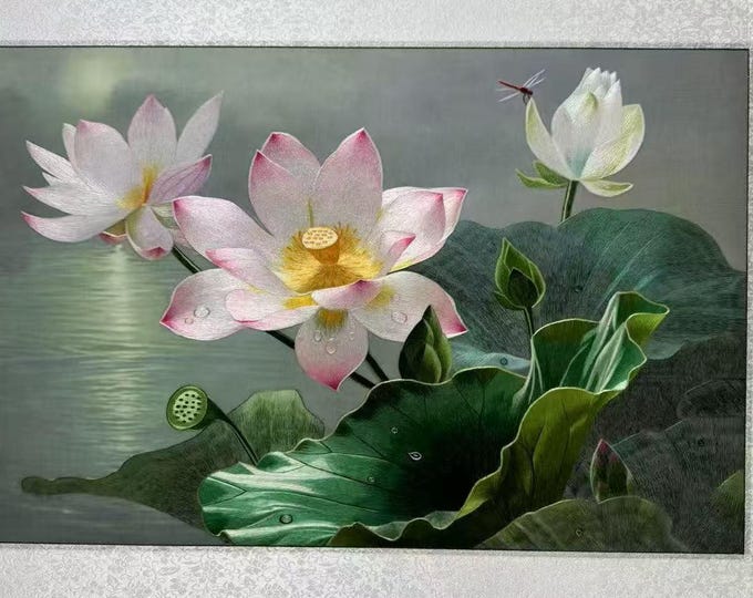 King Silk Art Handmade Embroidery Art Moonlit Lotus Reflections MR86550 ...