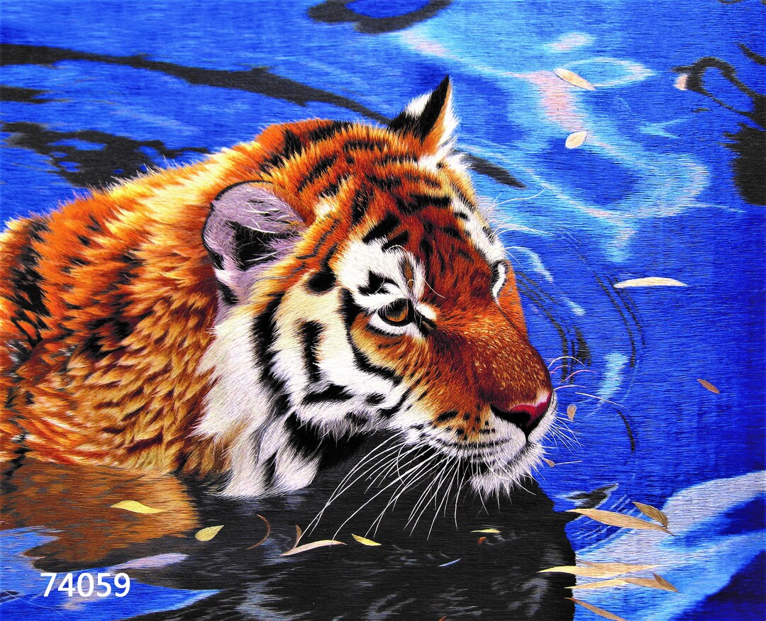 Museum Collection King Silk Art Handmade Embroidery Tiger in Water ...