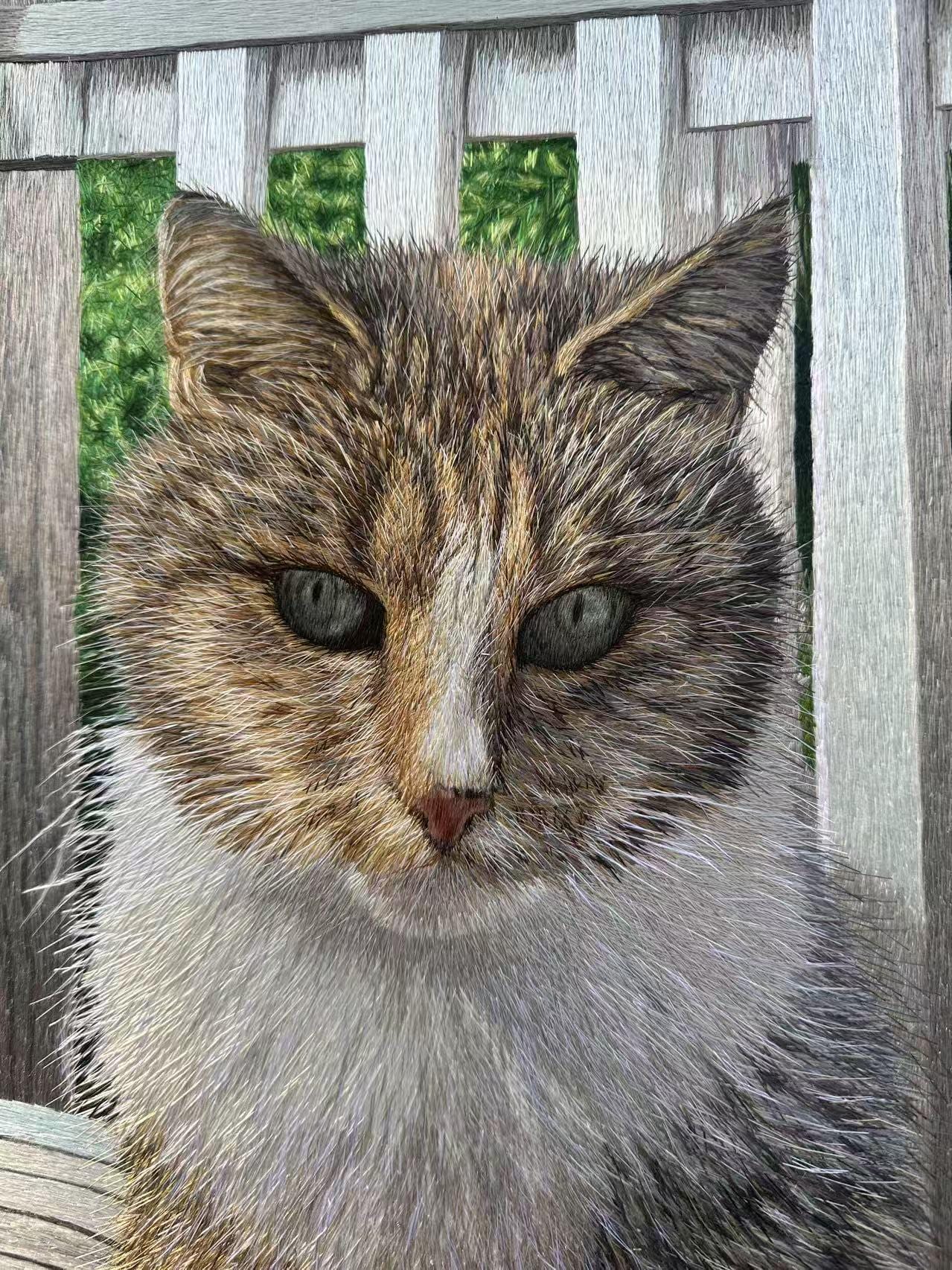 Custom-made King Silk Art Handmade Embroidery Art 《猫影悠然 · Serene Gaze ...