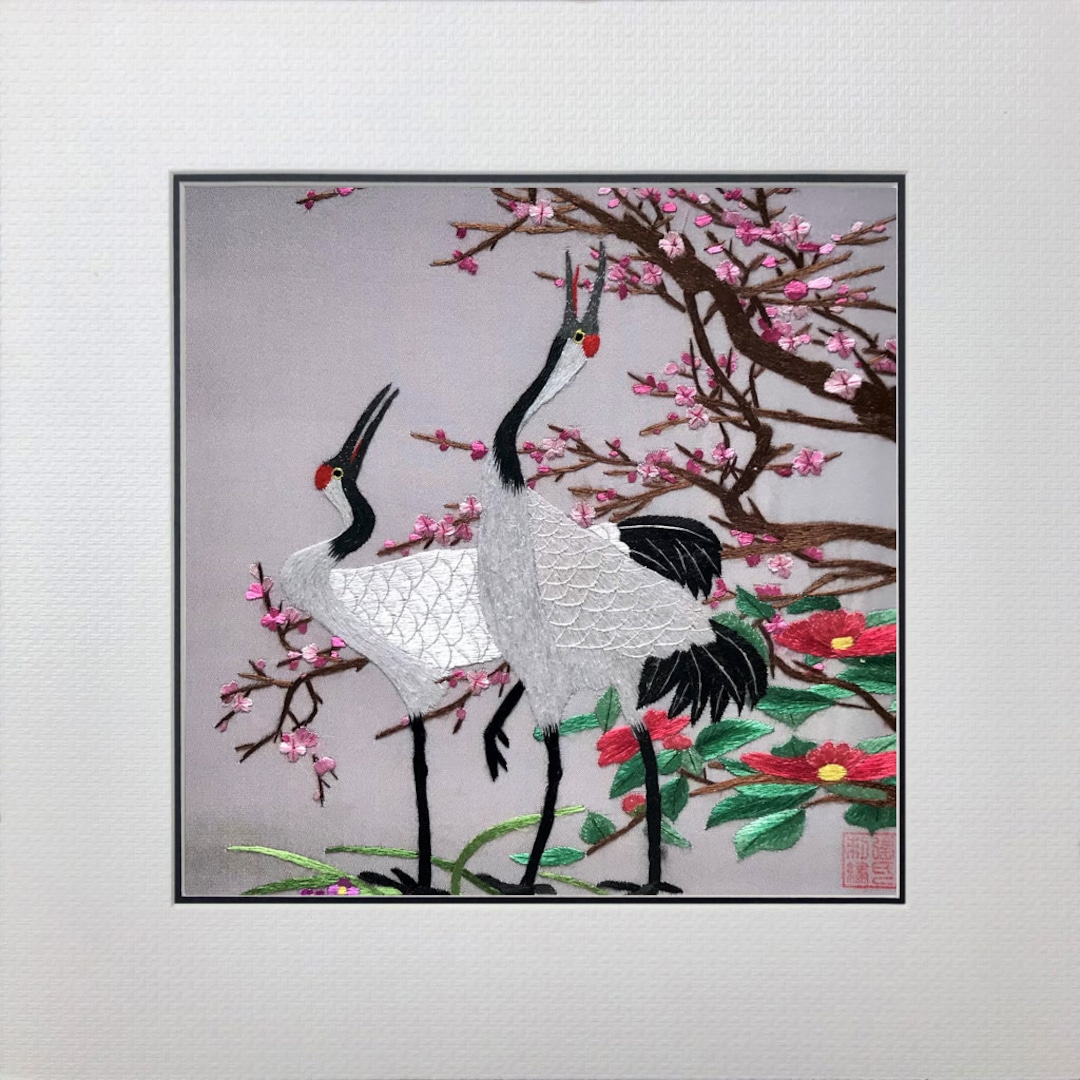 King Silk Art Handmade Embroidery Wildlife Birds Ruby Cranes 《双鹤迎春 ...