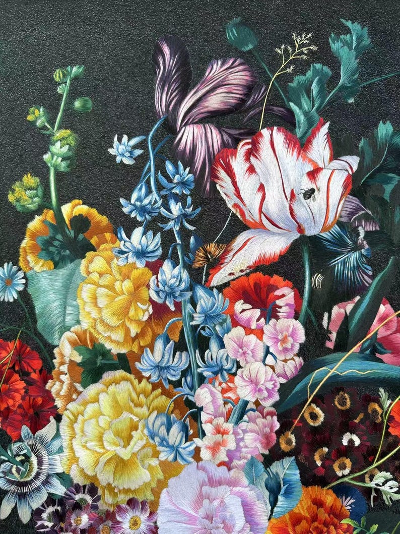 Custom Floral Silk Art: Handmade Embroidery, Dutch Golden Age Style - Etsy