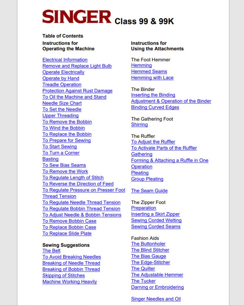 Singer Class 99 and 99K Sewing Machine Digital Manual. PDF Download - Etsy