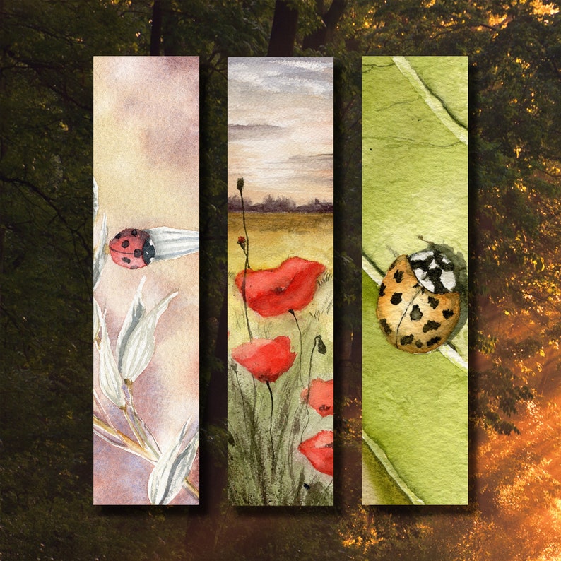 Watercolor Lady Bug Bookmark Set of 3, Spring Inspired Landscape, Poppy ...