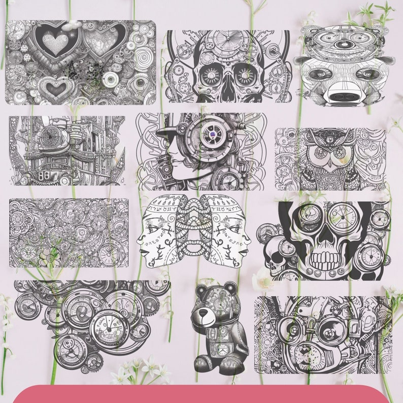 Steampunk Calendar 2023 2024 Printable PDF Coloring Pages Black & White ...