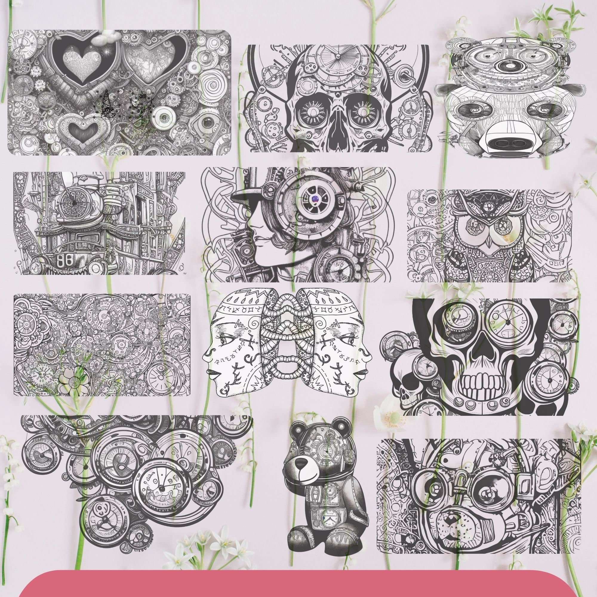 Steampunk Calendar 2023 2024 Printable PDF Coloring Pages Black & White ...