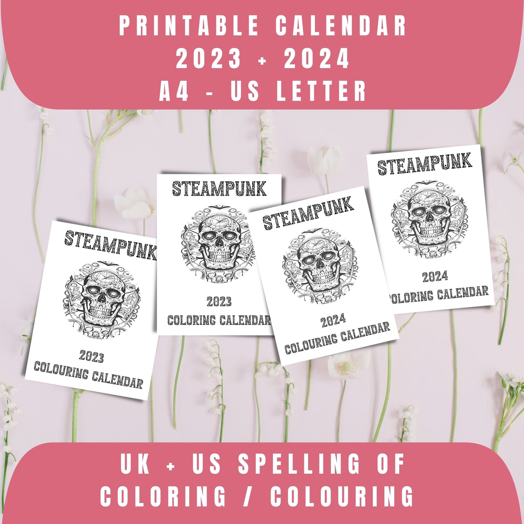 Steampunk Calendar 2023 2024 Printable PDF Coloring Pages Black & White ...