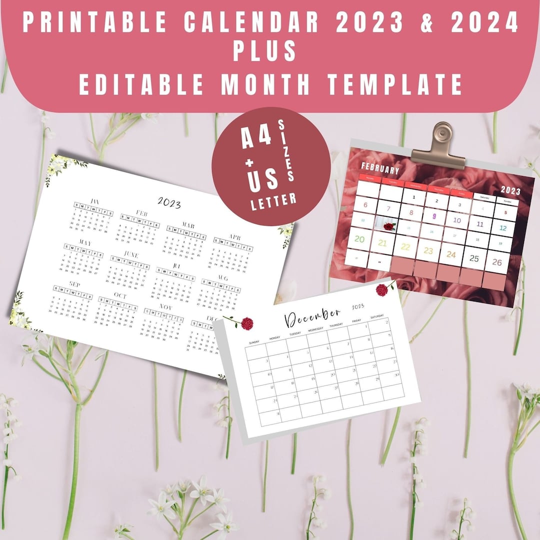 2023 2024 Printable Calendar PDF Horizontal Calendar Floral Calendar ...