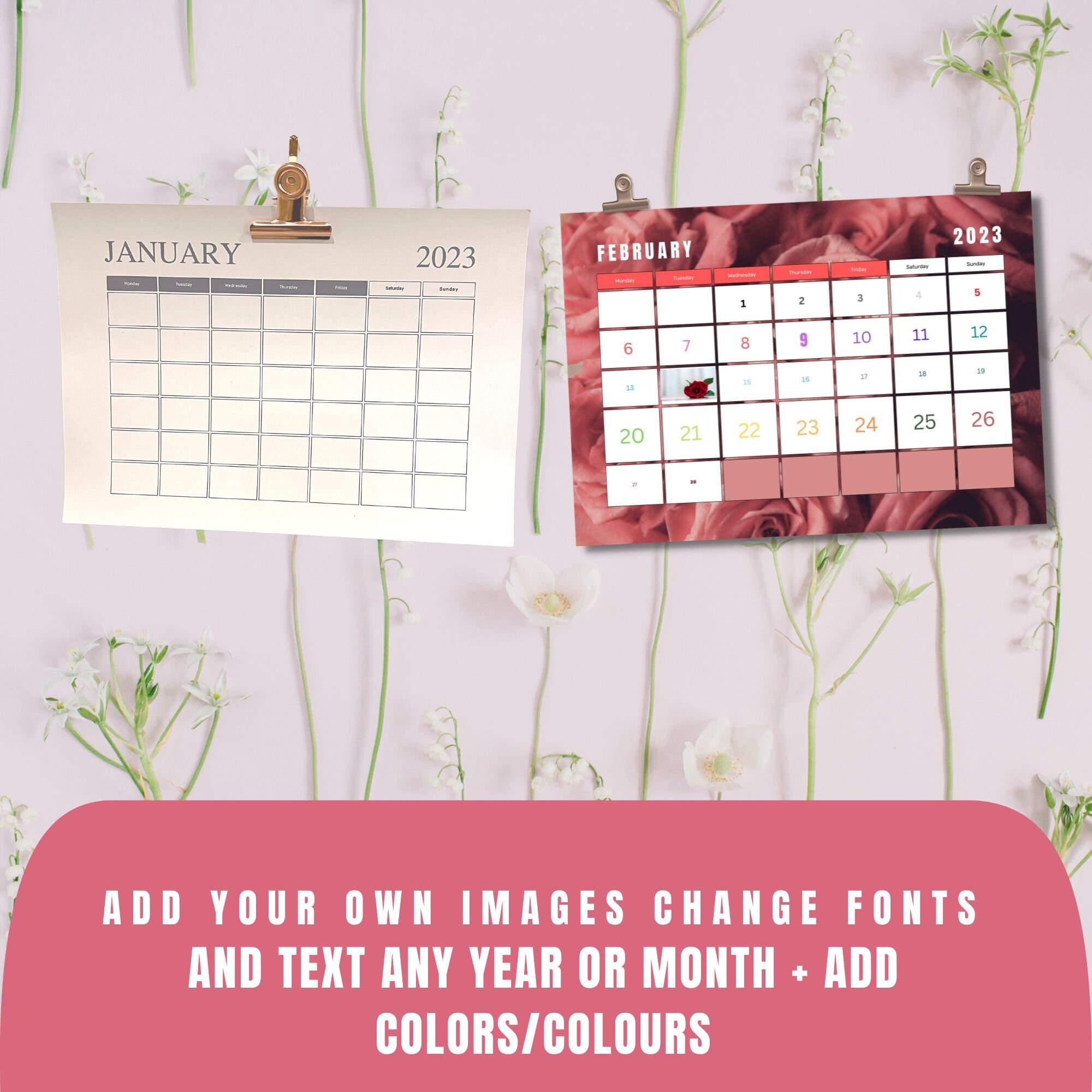 2023 2024 Printable Calendar PDF Horizontal Calendar Floral - Etsy