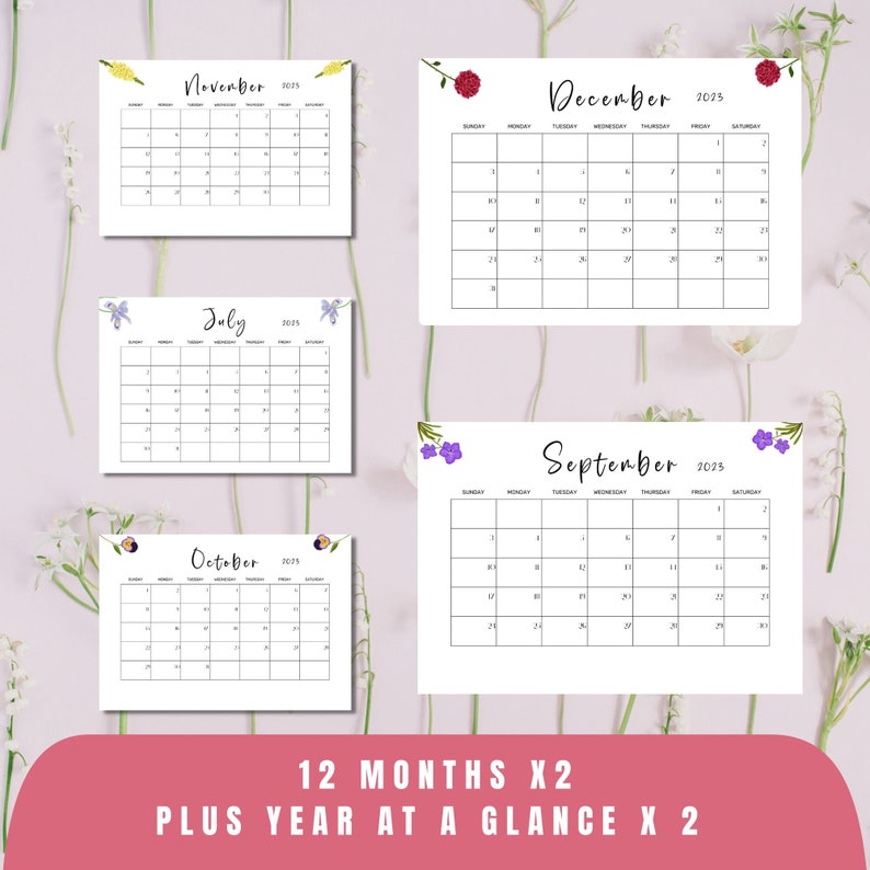 2023 2024 Printable Calendar PDF Horizontal Calendar Floral - Etsy