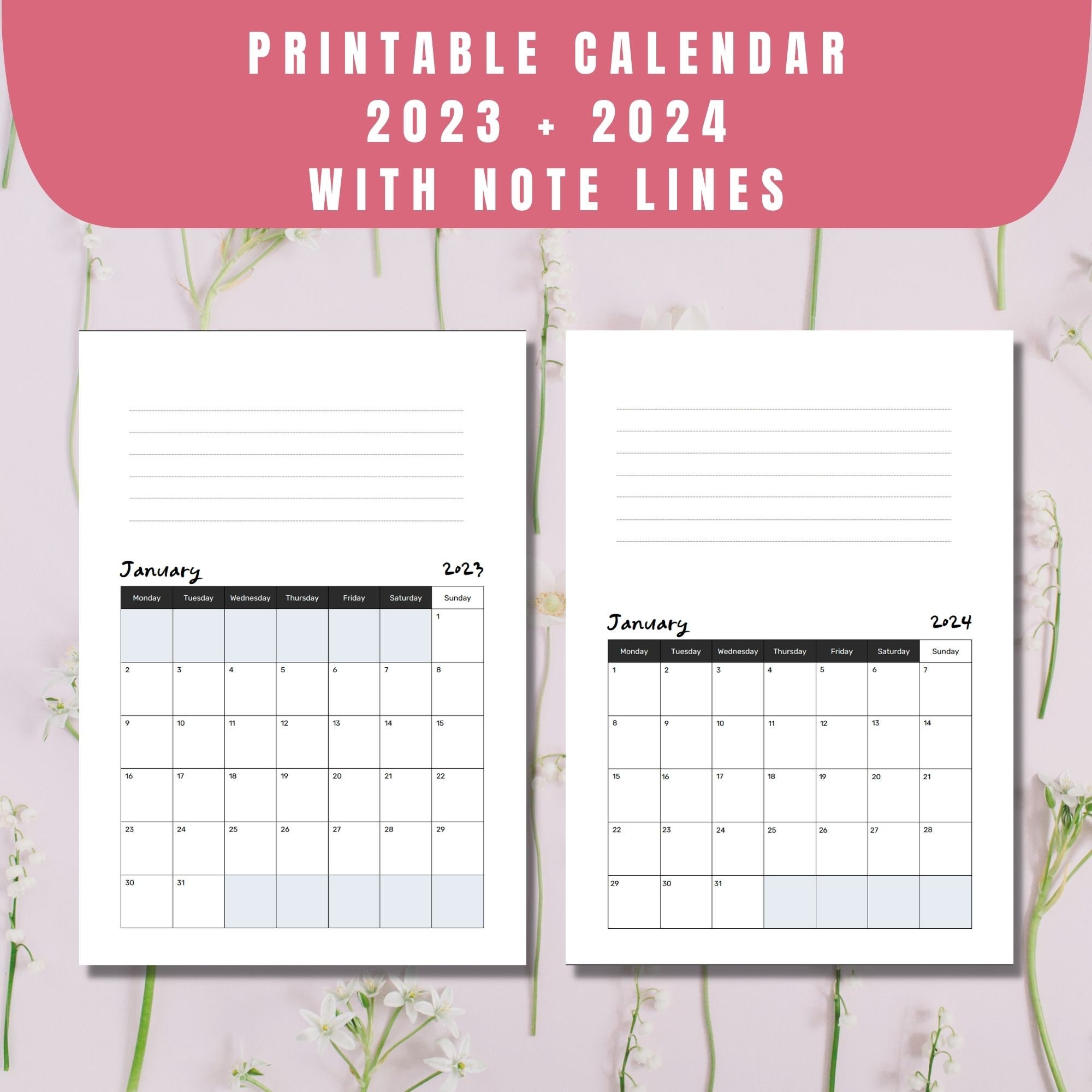 2023 2024 Printable PDF Calendar Simple Black & White PLUS Bonus ...