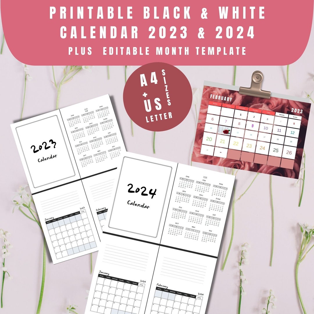 2023 2024 Printable PDF Calendar Simple Black & White PLUS Bonus ...