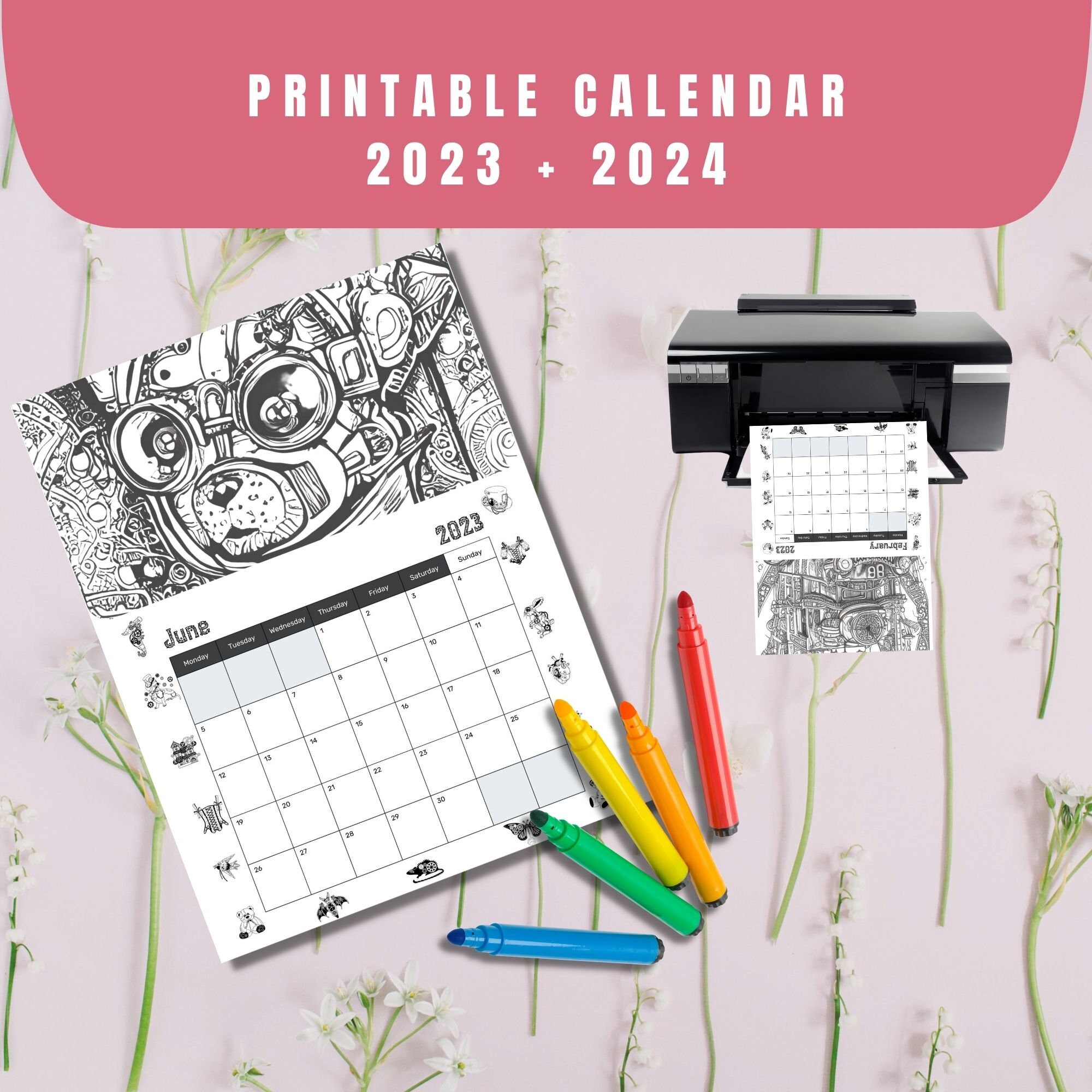 Steampunk Calendar 2023 2024 Printable PDF Coloring Pages Black & White ...