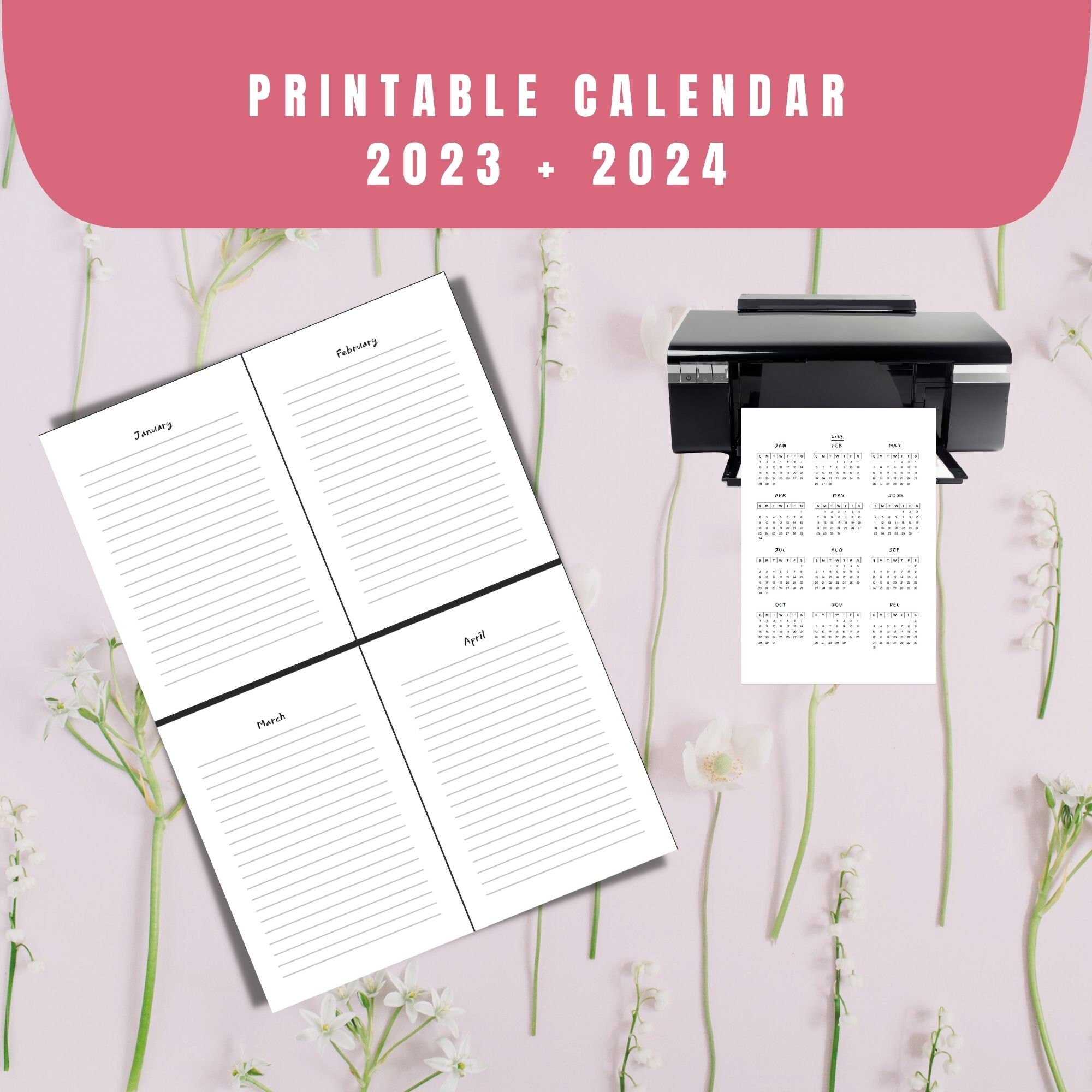2023 2024 Printable PDF Calendar Simple Black & White PLUS Bonus ...