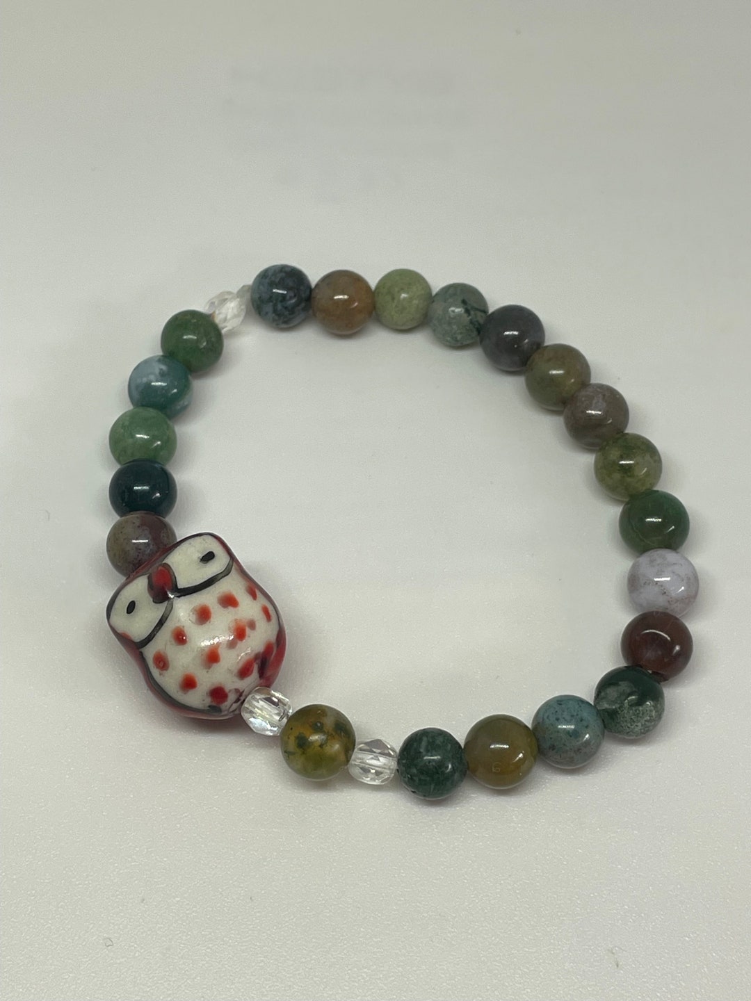 Smarties: India Agate Beaded Bracelet With Red Owl Charm - Etsy