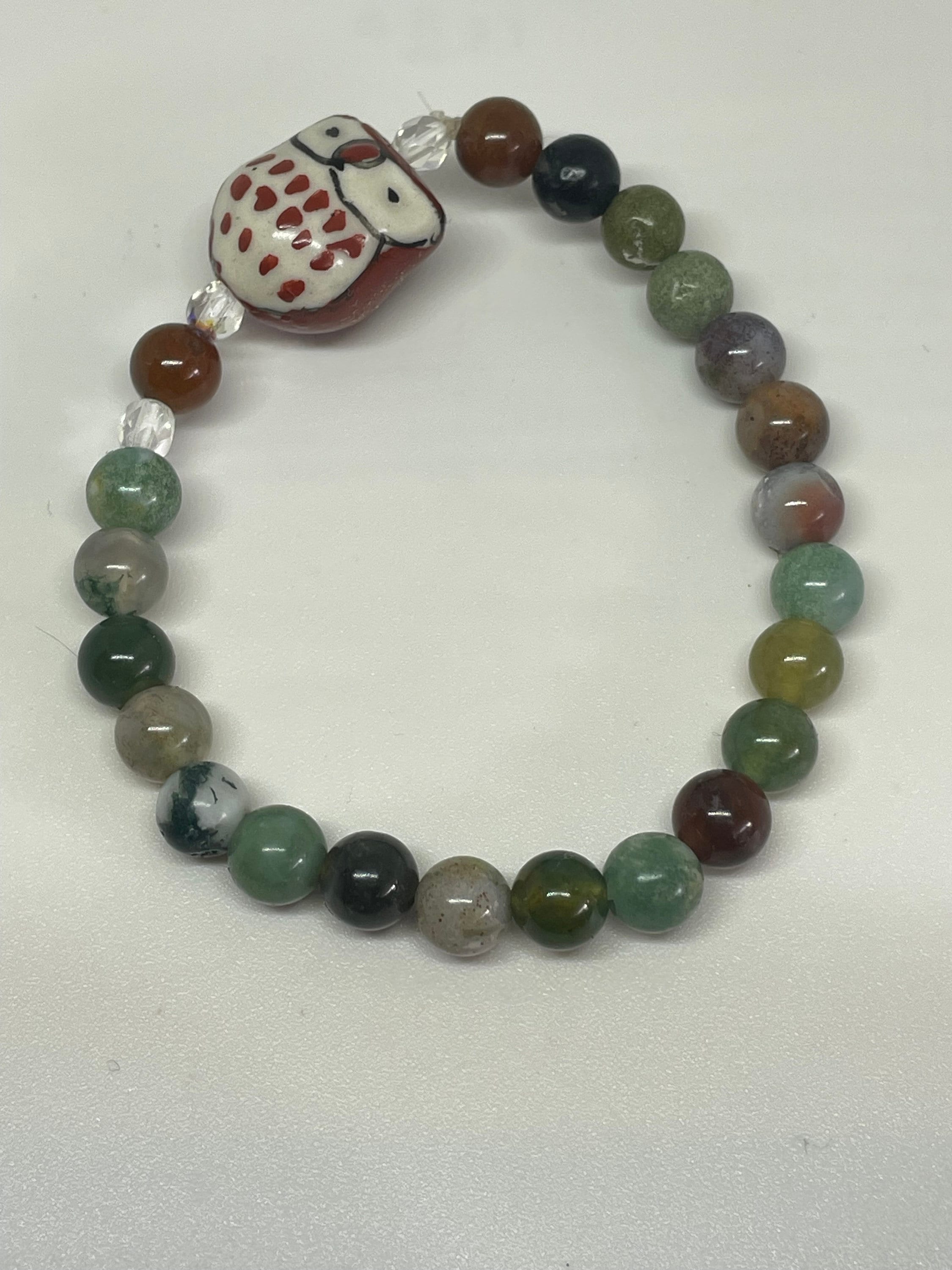 Smarties: India Agate Beaded Bracelet With Maroon Owl Charm - Etsy