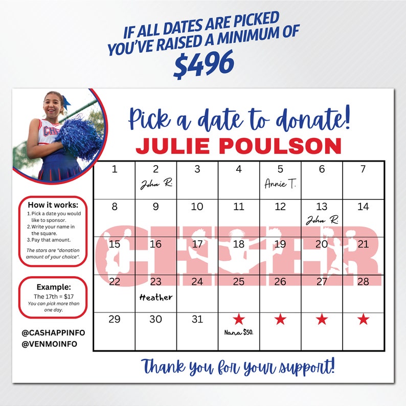 EDITABLE Fundraising Calendar, Cheer Team, Pick a Date to Donate, Pay ...