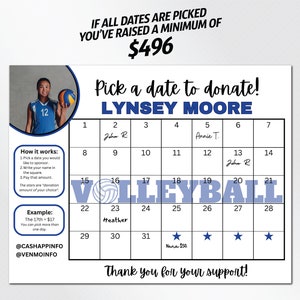 EDITABLE Fundraising Calendar, Volleyball, Pick a Date to Donate, Pay ...