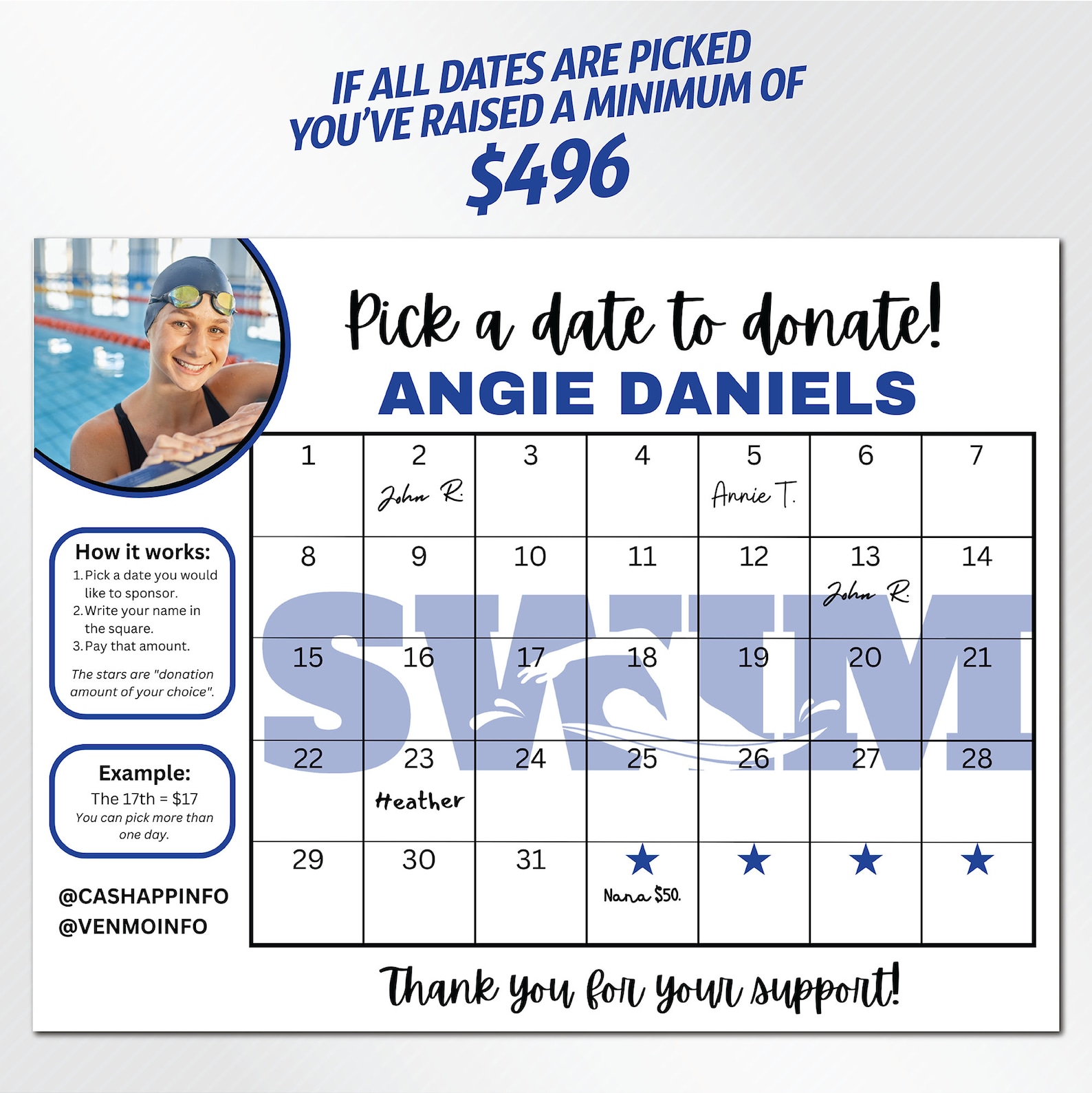 EDITABLE Fundraising Calendar, Swim Team, Pick a Date to Donate, Pay ...