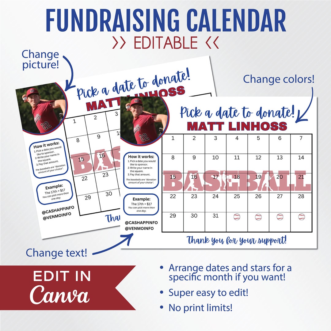 EDITABLE Fundraising Calendar, Baseball, Pick a Date to Donate, Pay the ...