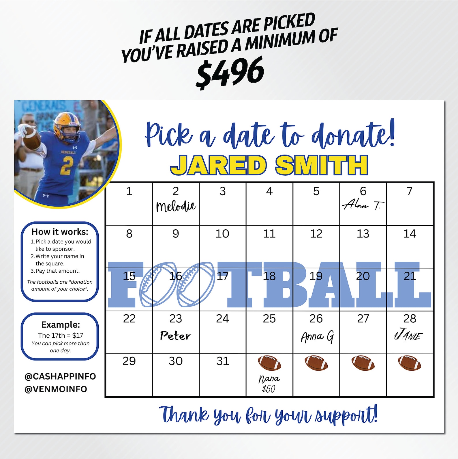 EDITABLE Fundraising Calendar, Football, Pick a Date to Donate, Pay the ...