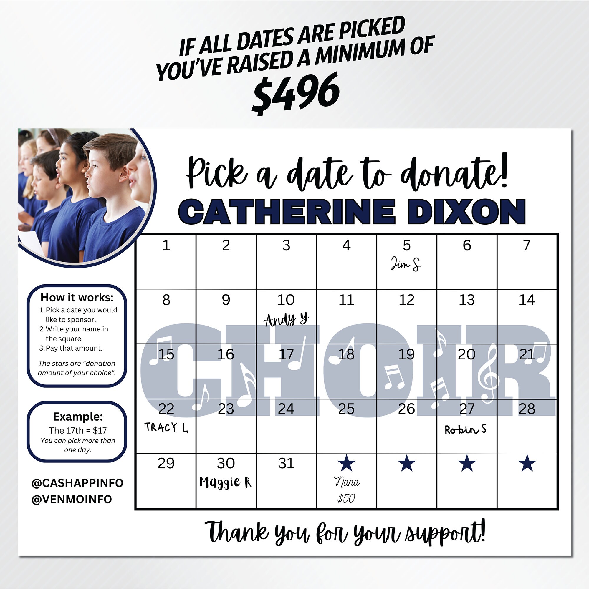 EDITABLE Fundraising Calendar, Choir, Pick a Date to Donate, Pay the ...