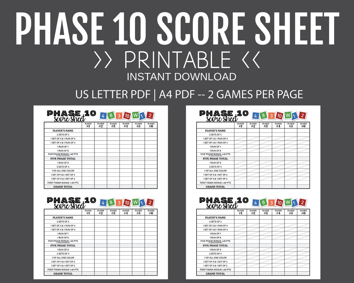 Phase 10 Score Sheet, Printable Score Sheet, Digital, Instant Download ...