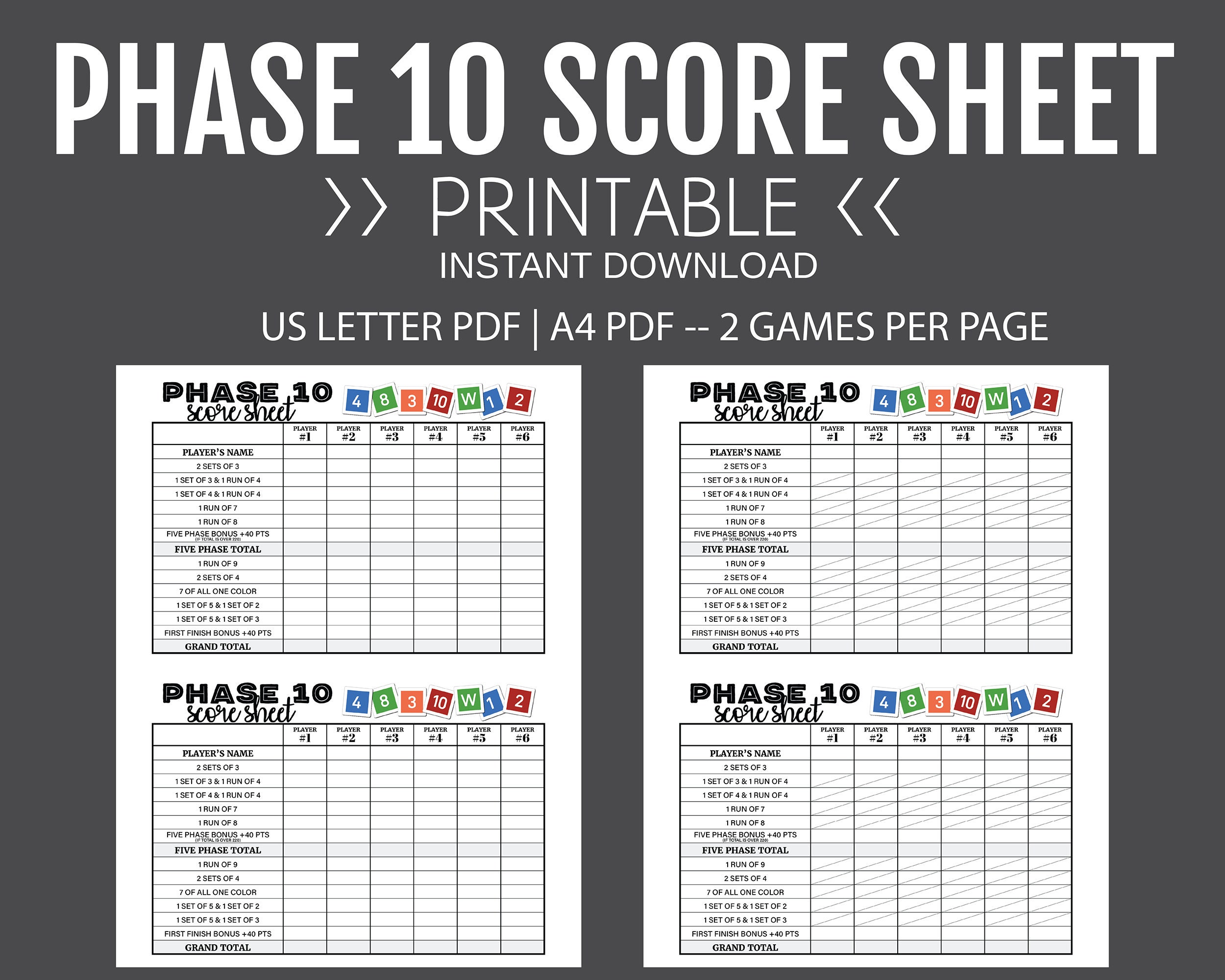 Phase 10 Score Sheet, Printable Score Sheet, Digital, Instant Download ...