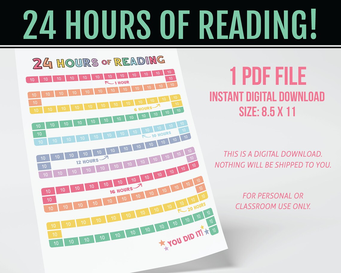 Reading Chart Tracker, Reading Log Printable, 24 Hours of Reading ...