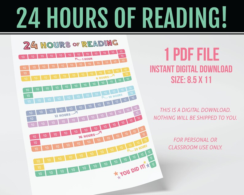 Reading Chart Tracker, Reading Log Printable, 24 Hours of Reading ...