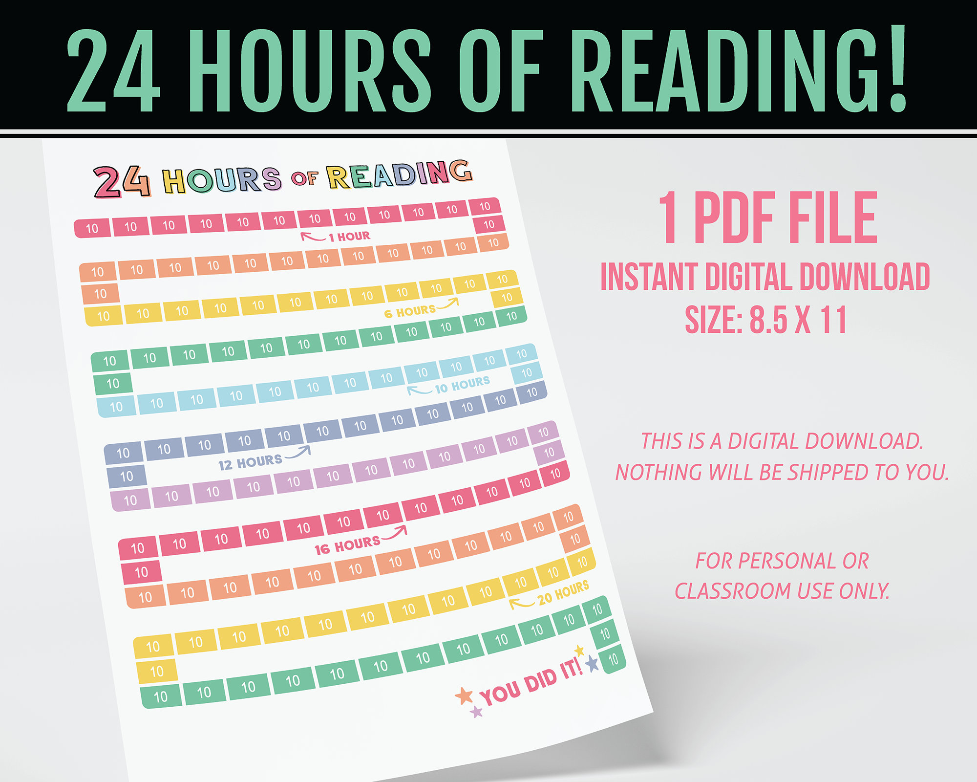 Reading Chart Tracker, Reading Log Printable, 24 Hours of Reading ...