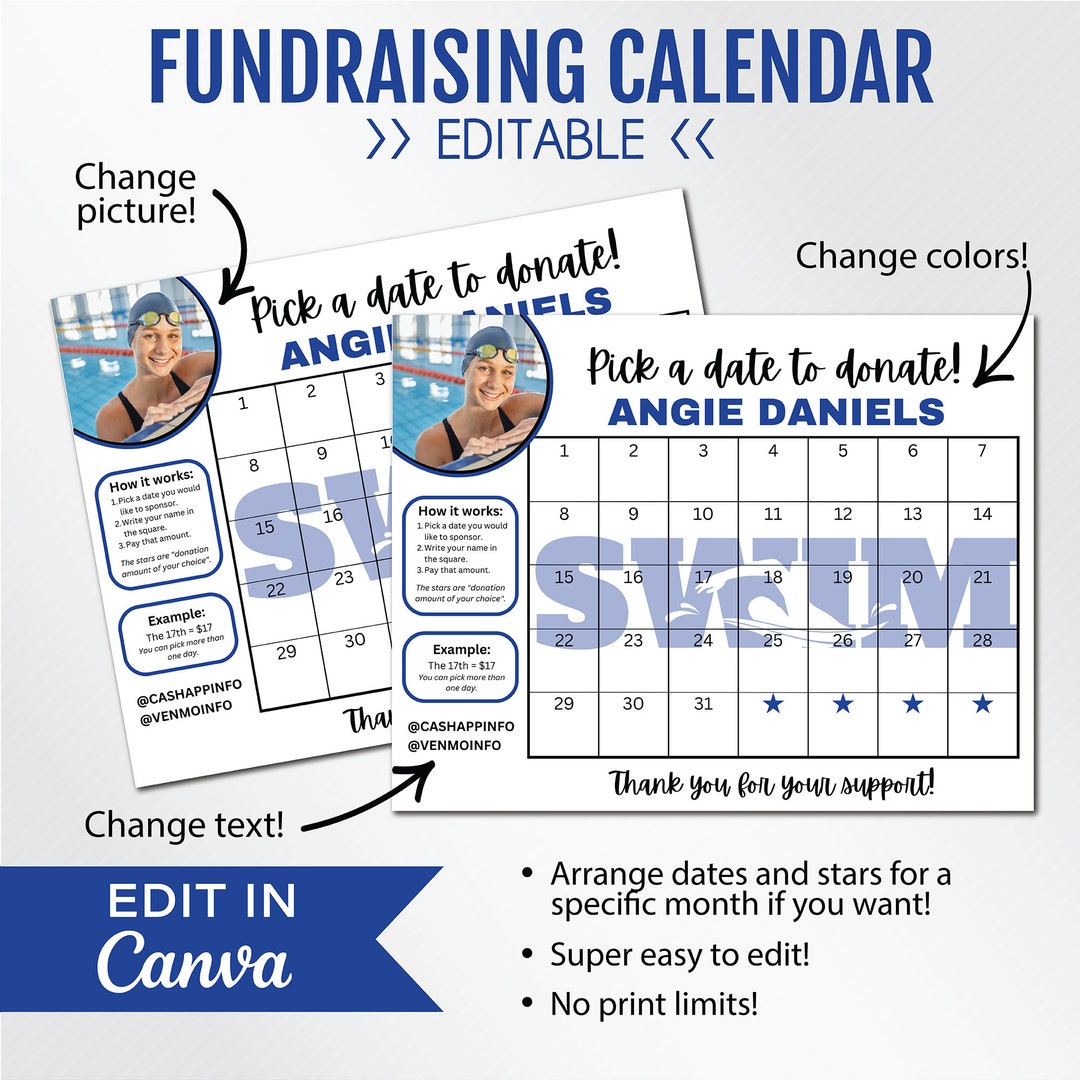 EDITABLE Fundraising Calendar, Swim Team, Pick a Date to Donate, Pay ...