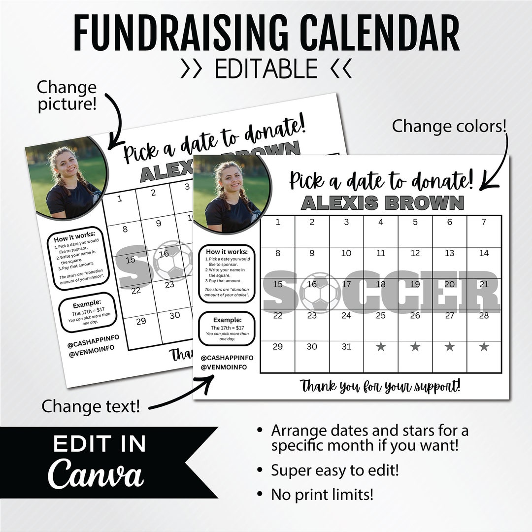 EDITABLE Fundraising Calendar, Soccer Team, Pick a Date to Donate, Pay ...
